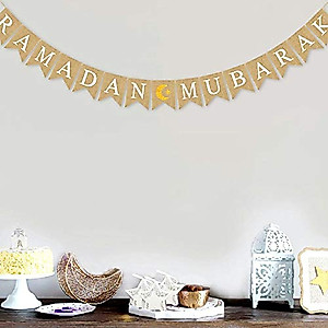 SWYOUN Burlap Ramadan Mubarak Banner Supplies with Glitter Moon and Star Signs Mantel Fireplace Decoration