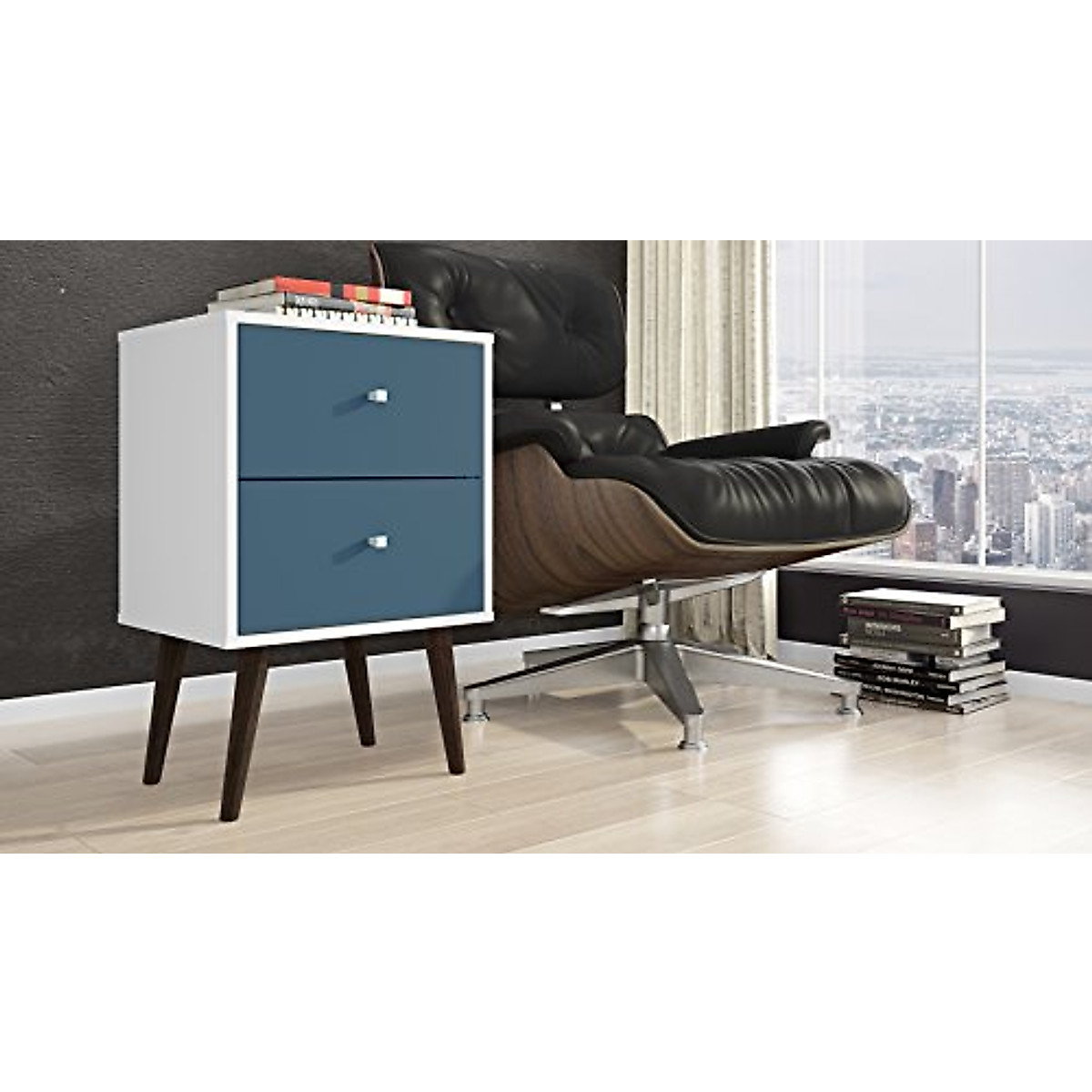 Manhattan Comfort Liberty Collection Mid Century Modern Nightstand With Two Drawers, Splayed Legs, White/Blue