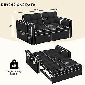 3 in 1 Convertible Sleeper Sofa,55.5" Velvet Tufted Pull Out Couch Bed,Loveseat Futon Sofa Chaise Lounge with Adjustable Backrest&Phone Holder for Living Room,Office,Apartment,Small Space(Black)