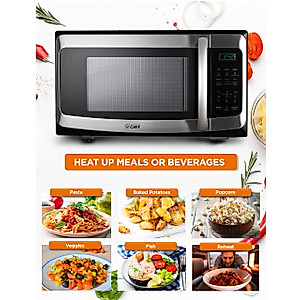COMMERCIAL CHEF 1.1 Cu Ft Microwave with 10 Power Levels, Microwave 1000W with Push Button Door Lock, Countertop Microwave with Microwave Turntable and Digital Controls, Stainless Steel