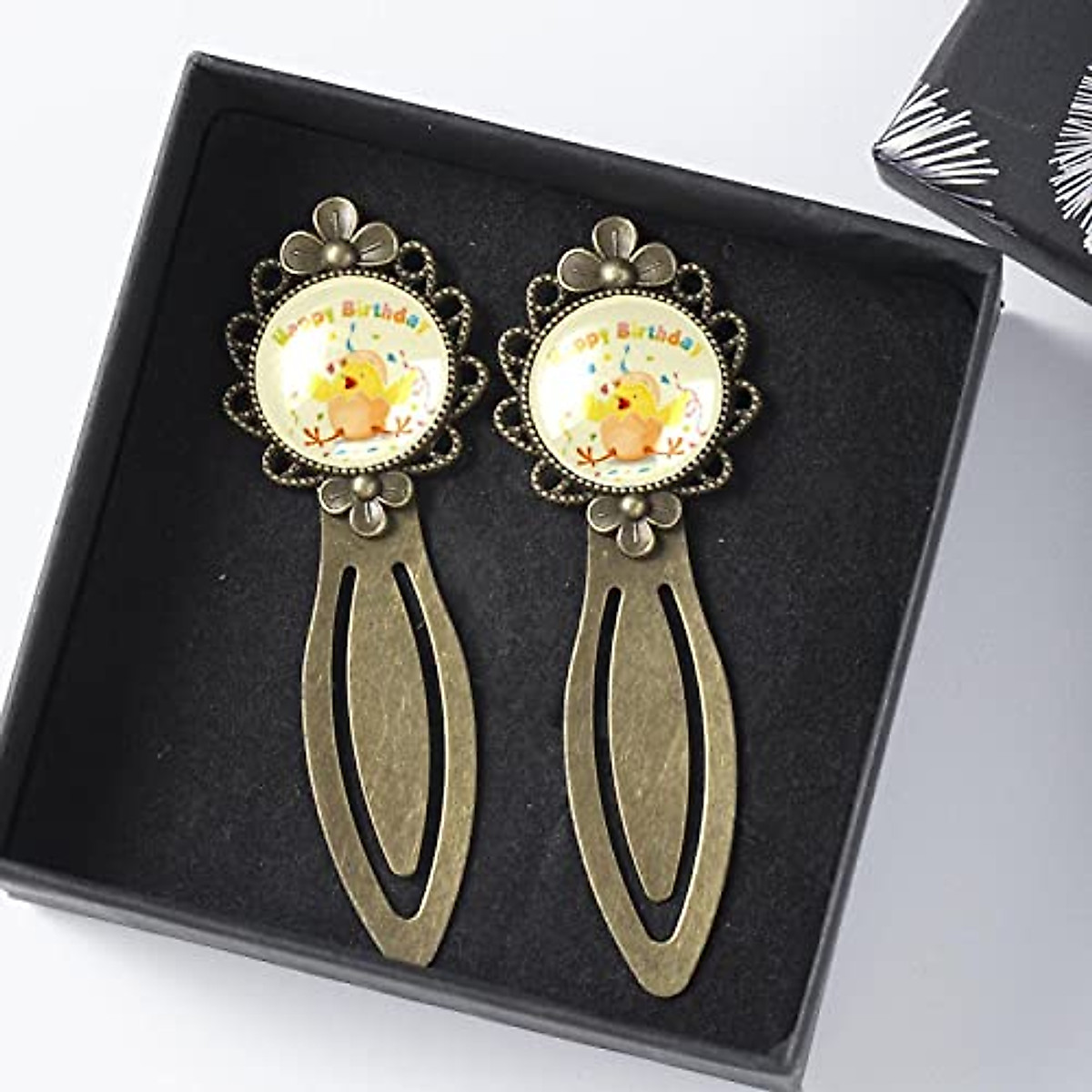 Happy Birthday Cute Yellow Chick and Confetti Vintage Bookmark Gift Box Set for Students Teachers School Library Page Holder with Crystal Glass