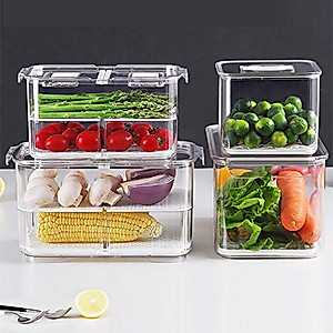 SANNO Refrigerator Food Storage Containers Stay Fresh,Food Storage Container Bin Stackable Refrigerator Freezer Organizer Fresh Keeper Drawers with Vented Lids and Removable Drain Tray