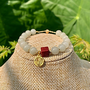 PSEEHEE Handmade Genuine Jade Lucky Fu Charm Bracelet, Feng-shui Stone Chakra Healing Gemstone Crystal Beads Adjustable Bangle Cuff Jewelry Gift for Men Women