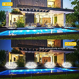 Solar Fireworks Lights Outdoor Waterproof,4 Pack Solar Garden Lights Outdoor 8 Lighting Modes with Remote Control , 480 LED DIY Starburst Fairy Lights for Patio Christmas Party Yard Decorative