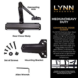 LYNN HARDWARE Medium/Heavy Duty Commercial Door Closer - DC7016 Surface Mounted, Grade 1- ADA & UL 3 Hour Fire Rated, Adjustable Size 1-6 for entrances & Aluminum storefronts- US10B Dark Bronze
