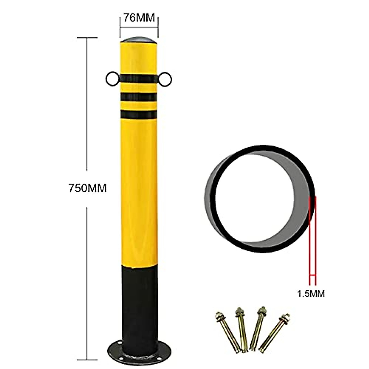 2 Pcs Made of Steel Parking,with Reflective Security Posts for Driveways,with Hanging Loop Parking Space Lock Traffic Cones(Black 750x76mm) (Black 750x76mm)