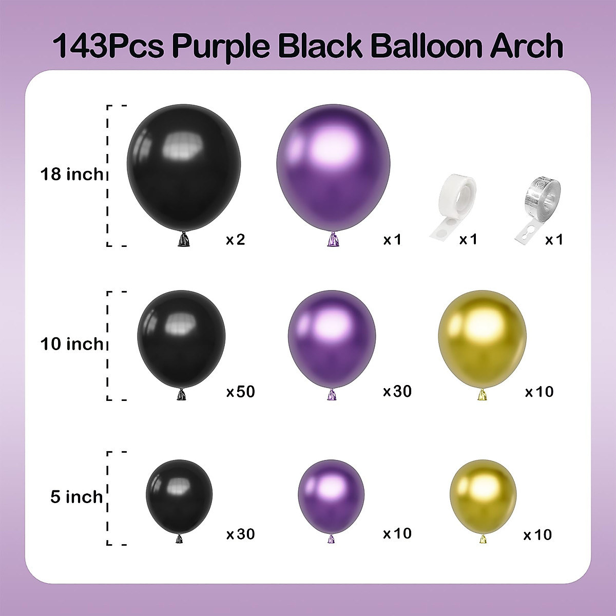 Metallic Purple Black Balloons Garland Arch Kit-143Pcs for Baby Shower, Birthday, Graduation, Engagement, Anniversary with Black & Gold Accents