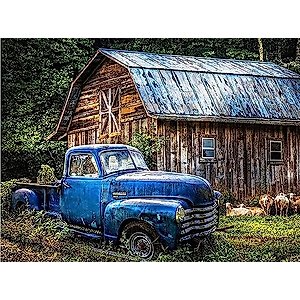 Stamped Cross Stitch Kits for Adults Beginners Farmhouse Blue Car Truck Pattern 11CT Pre-Printed Fabric Embroidery Arts and Crafts Kit Needlepoint Starter DIY Wall Decor, 24 x 32 inch