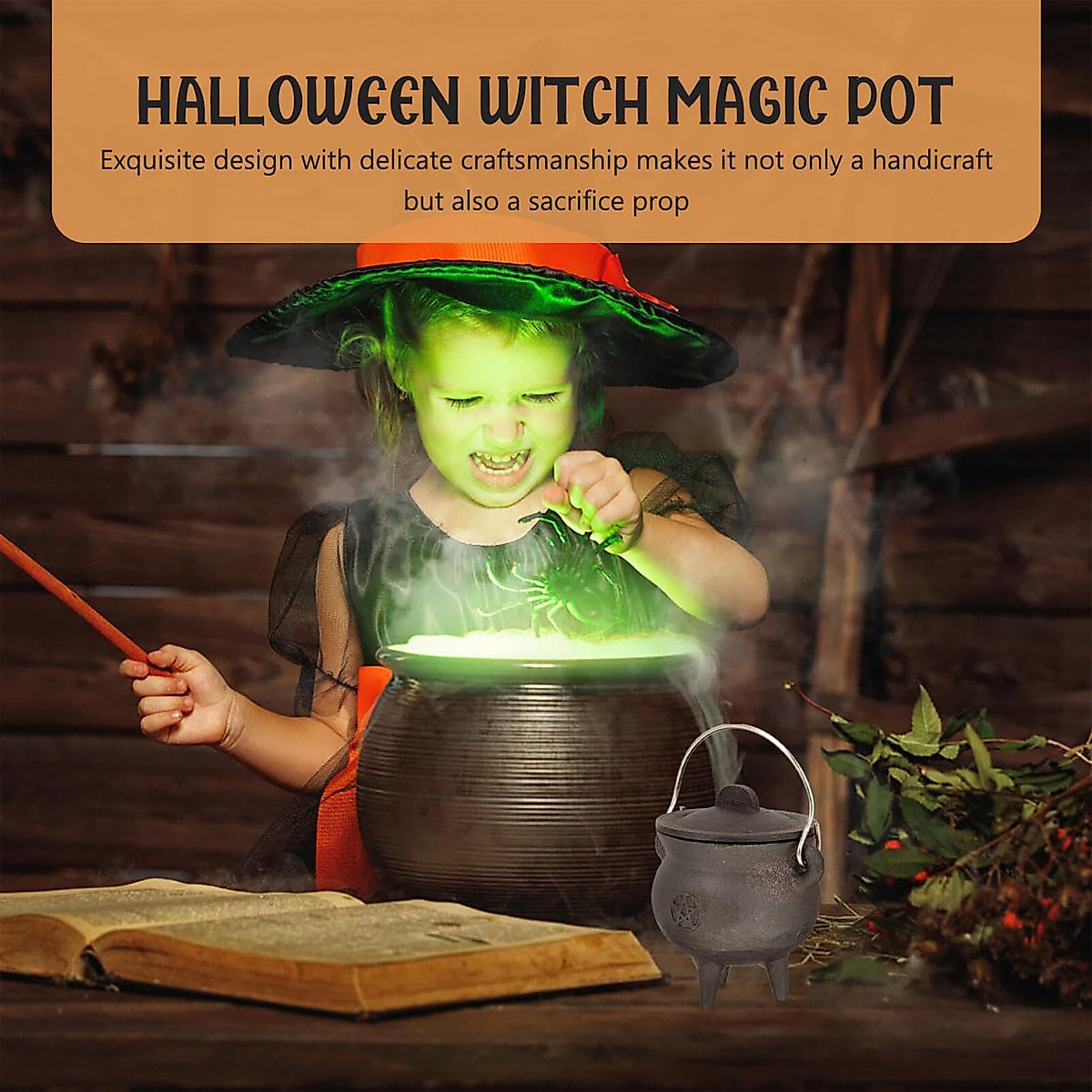 Cast Iron Cauldron with Lid and Carry Handle, 4 Inch Halloween Witch Pot for Spells, Smudging, Ritual & Blessings | Halloween Decoration Or Incense Burning
