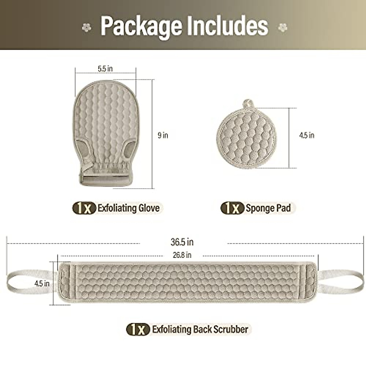 Suntee Exfoliating Back Scrubber for Shower, 3 PCS Loofah Back Scrubber with Exfoliating Glove and Sponge Pad Set, Long Deep Clean Back Washer Bath Shower Scrubber for Men and Women (36.5 * 4.5 inch)