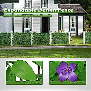 Betterhood Expandable Fence Privacy Screen, 4 Pack Decorative Faux Ivy Greenery Fencing Panel for Balcony Patio Outdoor, Artificial Hedges Screen, Purple Flower (Single Sided Leaves)
