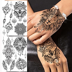 COKTAK 6 Pieces/Lot Unique Black Henna Temporary Tattoo Stickers For Adults Women Girls Feather Mandala Flower Body Art Large Big Arm Tattoos Sheet Lace Indian Mehndi Sexy Wedding Tatoos OWL
