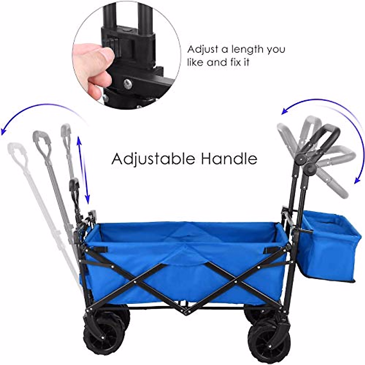 Collapsible Utility Wagon, Heavy Duty Folding Portable Push and Pull Hand Cart with Removable Canopy, for Shopping, Picnic, Beach, Camping, Red (Blue