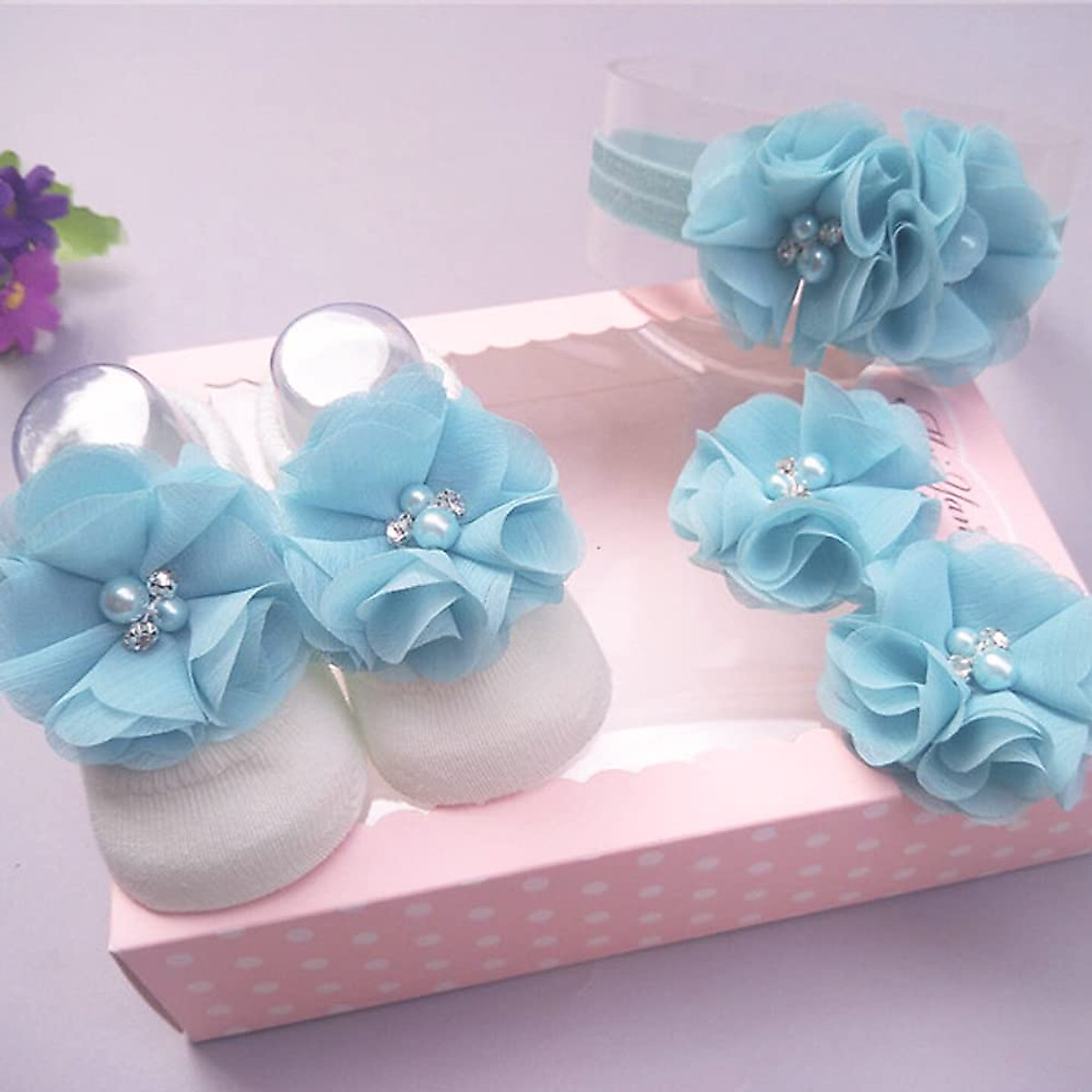 30 PCS Rhinestone Pearl Blue Chiffon Flower Sewing Fabric Appliques for Clothing, Headbands Flower, Crafts, Party Decoration, Sewing Applique