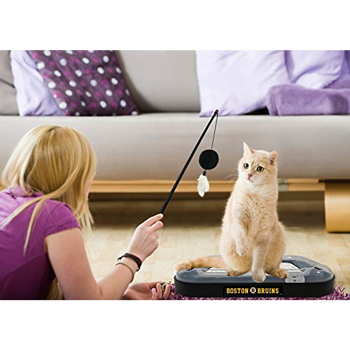 Pets First Cat Scratching Toy NHL Boston Bruins Hockey Field Cat Scratcher Toy with Interactive Cat Ball Bell in Tracks. 5-in-1 CAT Toy: Cat Wand Poll with Catnip Filled Plush Hockey Puck & Feathers.