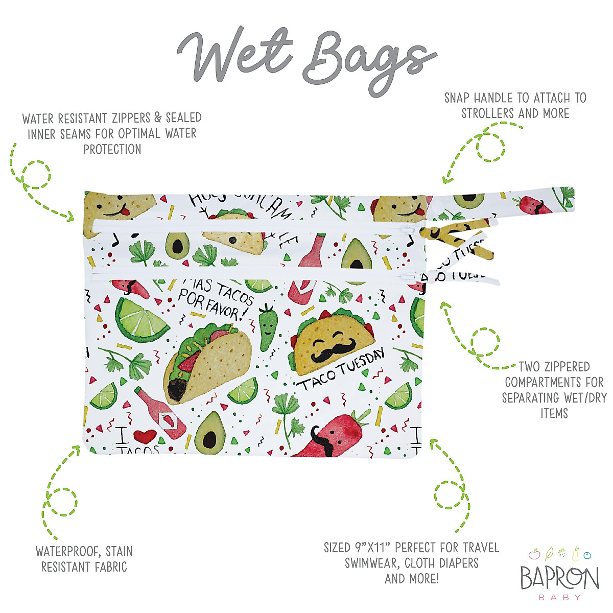 BapronBaby Taco Party Wet Dry Bag - Waterproof Two Zipper Pockets - Reusable for Mealtime, Diapers, Stroller, Snacks, Swimsuits - Machine Washable - 11" x 9"