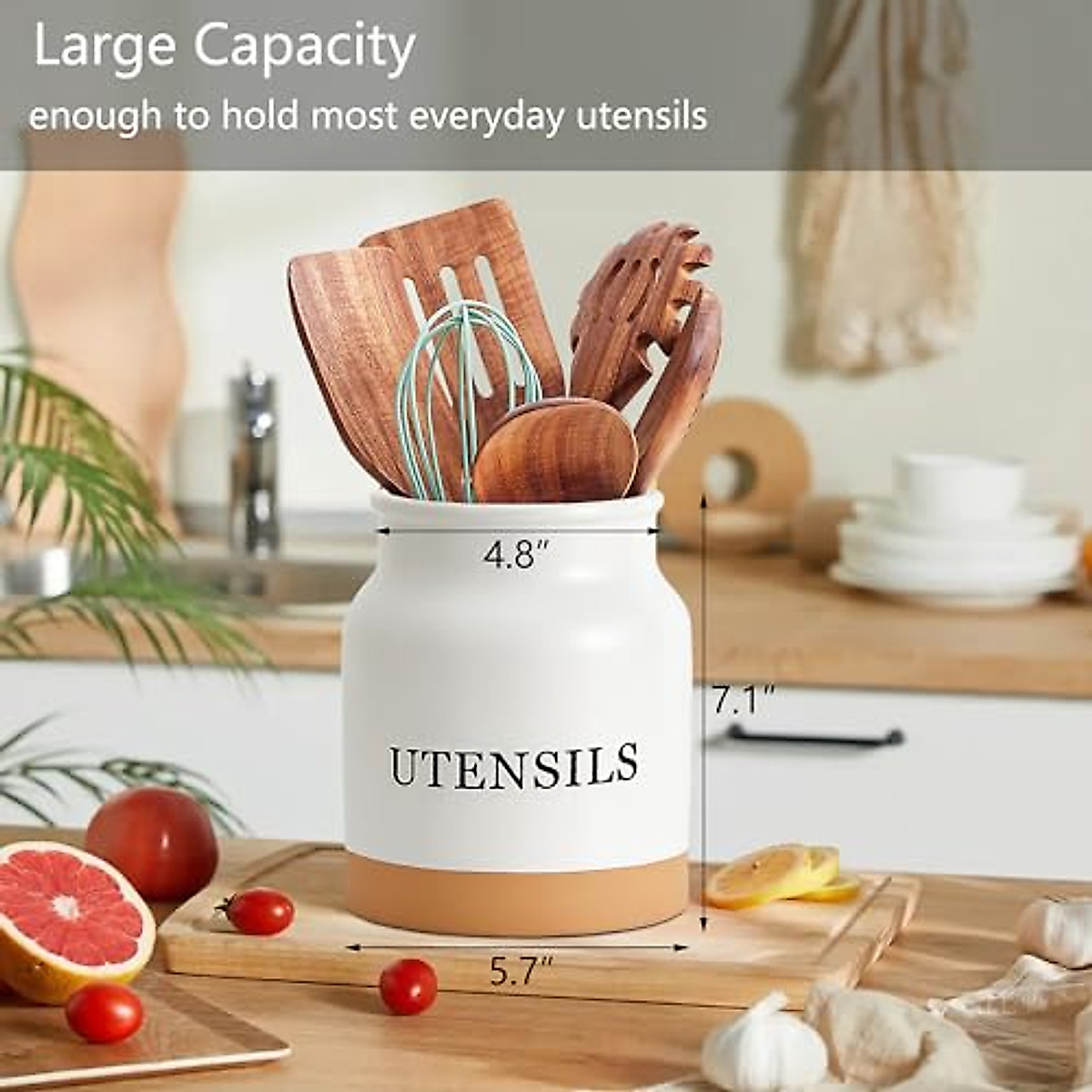 ASBLUE Kitchen Utensil Holder for Countertop, Large White Cooking Utensils Spatula Holder Ceramic Farmhouse Utensil Crock for Counter Big Utensil Organizer Storage Caddy