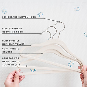 3 Sprouts Velvet Baby Hangers - Non-Slip Hanger for Infant, Toddler, Baby Clothes - Closet Kids Hangers with Slim Design, Nordic Colors, Pack of 30 - Cream