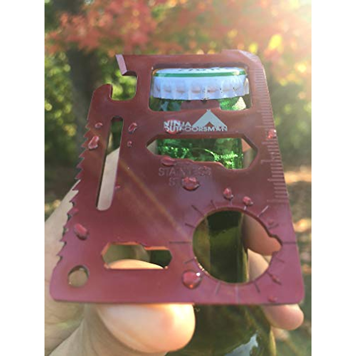 (5 Pack, Red) Ninja Outdoorsman 11 in 1 Stainless Steel Credit Card Pocket Sized Survival Multi Functional Tool - Stocking Stuffers, Christmas Gifts Under 10 Dollars