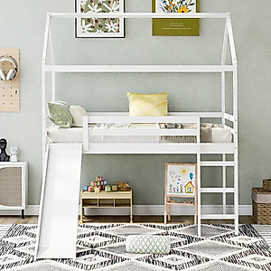 Merax House Shaped Loft Bed with Slide, Beds Frame with Ladder and Slats No Box Spring Needed for Boys or Girls, Twin Size