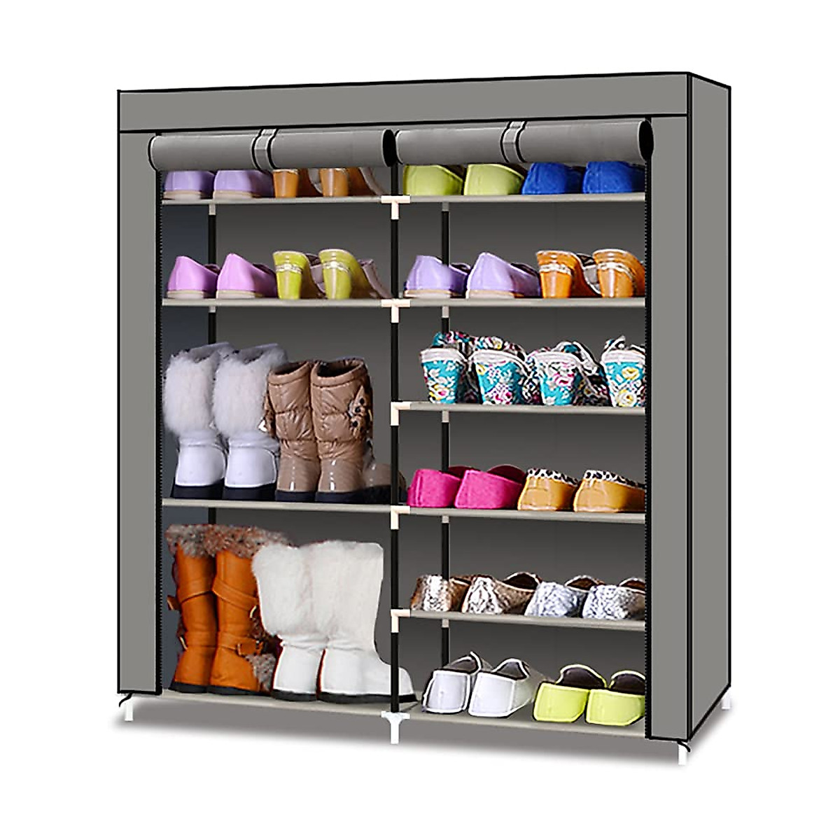 TXT&BAZ 20-Pairs Portable Boot Rack Double Row Shoe Rack Covered with Nonwoven Fabric(7-Tiers Grey)