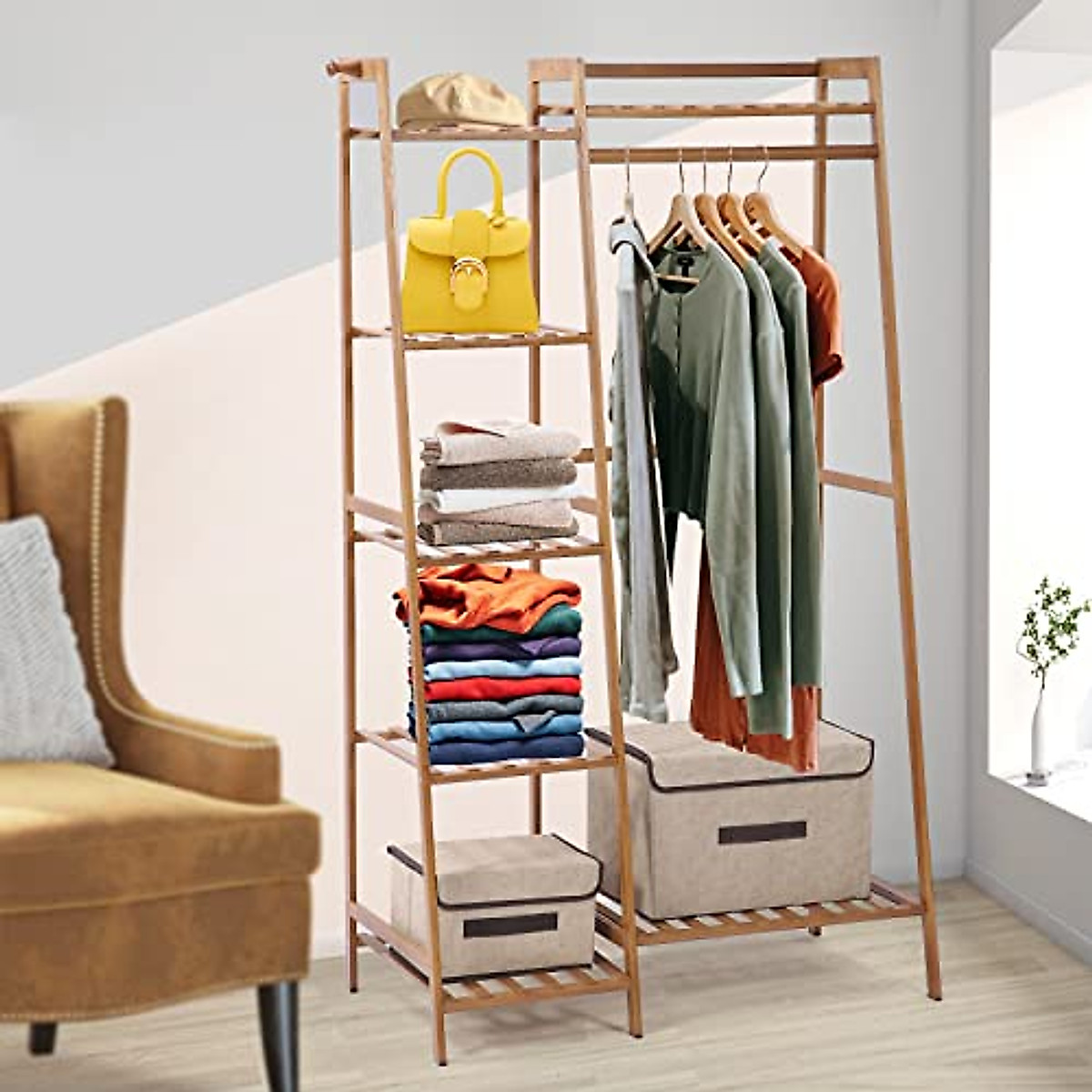 Bamboo Garment Rack with Shelves, Storage Box Set Included, Clothing Racks with Hooks, Clothes Rack Storage Organizer, Clothes Rack with Shelf, Space Saving Clothes Rack, Multifunctional Plant Rack