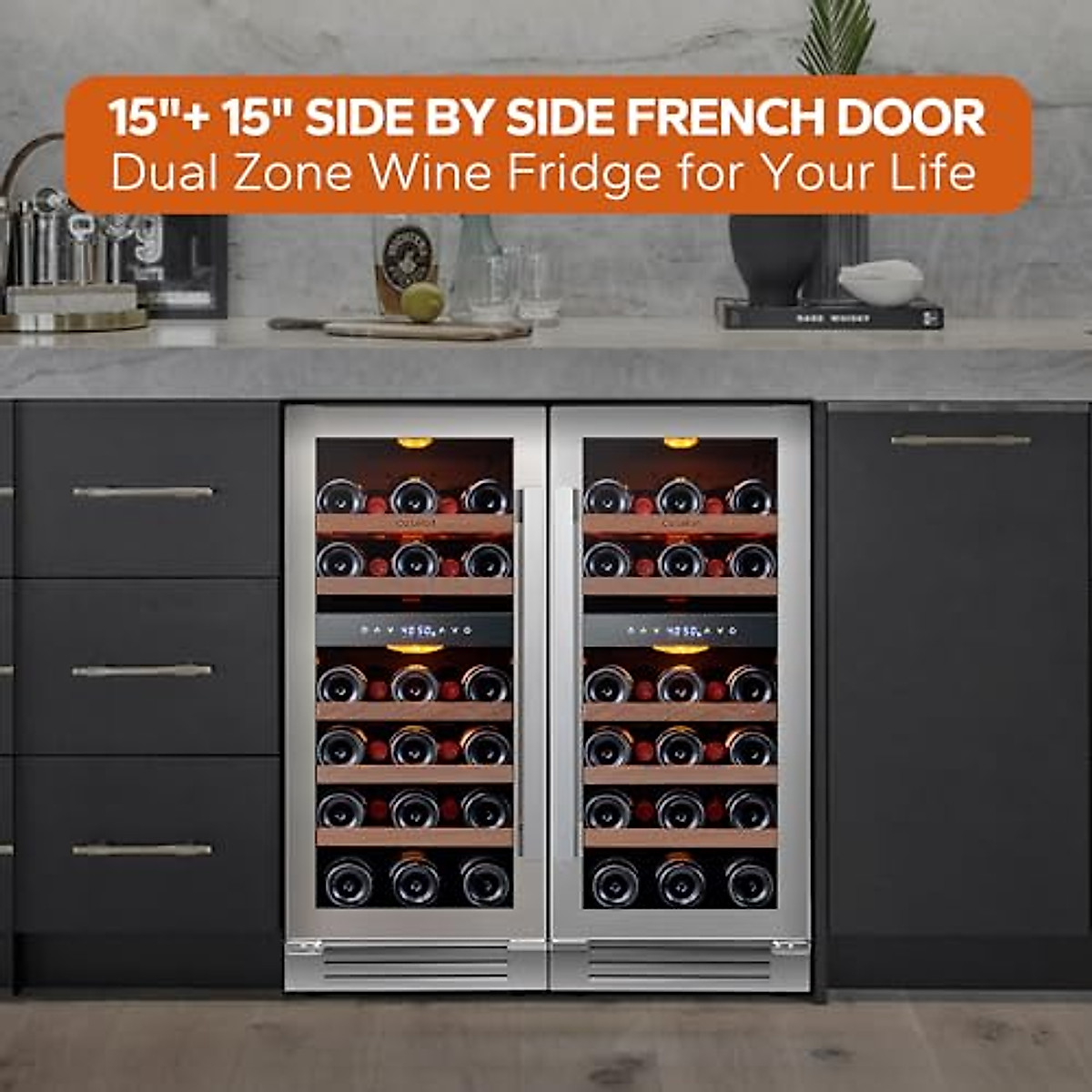 Ca'Lefort 30 Inch Wine Fridge, Wine Cooler Dual Zone Side by Side Under Counter Wine Cooler Refrigerator with Touch Panel 40°F-65°F for Champagne Wine, Holds 56 Bottles (Package of two 15")