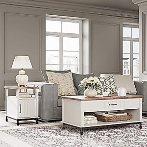 WAMPAT Premium Farmhouse Coffee Table Set of 2 for Living Room, 1 Large Rectangle Center Table with Storage Drawers, 1 End Side Table with Charging Station for Living Room, White/Oak