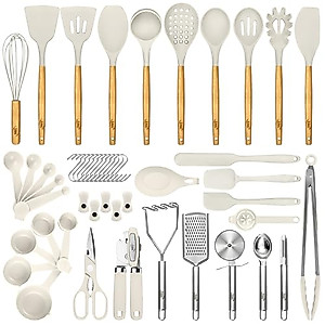 Kaluns 50 PCS Silicone Kitchen Utensils Set Complete Kitchen Set - 800°F Heat Resistant Non-Stick Premium Silicone Cooking Utensils W Wooden Handles - Can Opener, Masher, Turner, Silicone Spatula Set