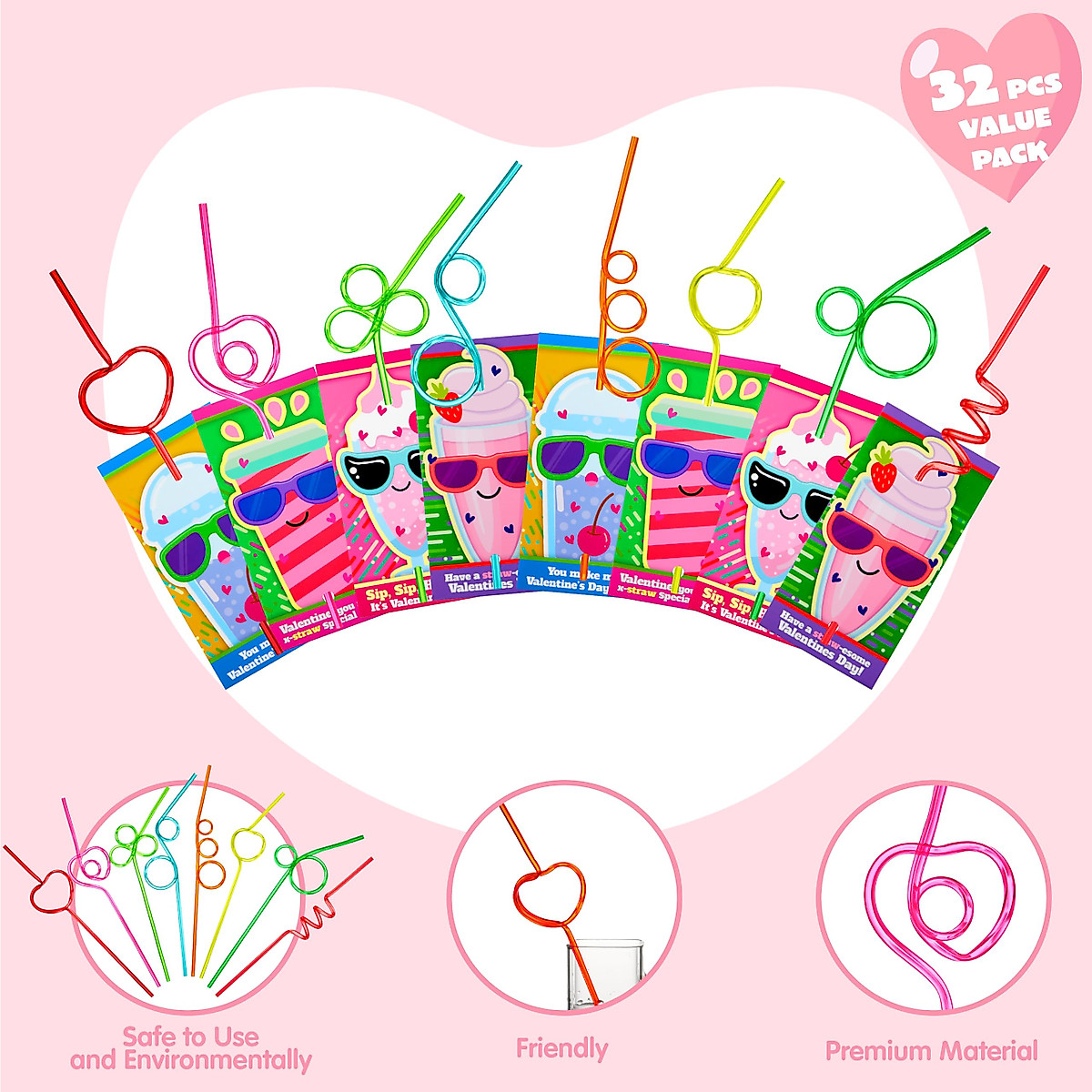 JOYIN 32 Pack valentines day Straws with Cards, Colorful Crazy Reusable Drinking Straws for kids, Valentines Day Gift, Classroom Exchange Prizes, Valentine Party Favors Gifts