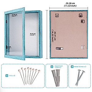 Muzilife 11x14 Shadow Box Picture Frame - 2.16" Interior Deep Wood & Glass Rectangle Display Case Ready to Hang Memory Box Baby Sports Memorabilia, Pins, Awards, Tickets, and Photos, Rustic Blue