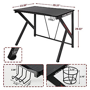 LYNSLIM Gaming Desk 39 Inch – Computer Deak for Home, K Shaped PC Gaming Table, Ergonomic Gamer Desk with Headphone Hook, Cup Holder and Cable Management (Black)