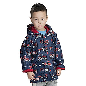 Hatley Boys' Little Button-Up Printed Rain Jacket, Red Farm Tractors, 4 Years