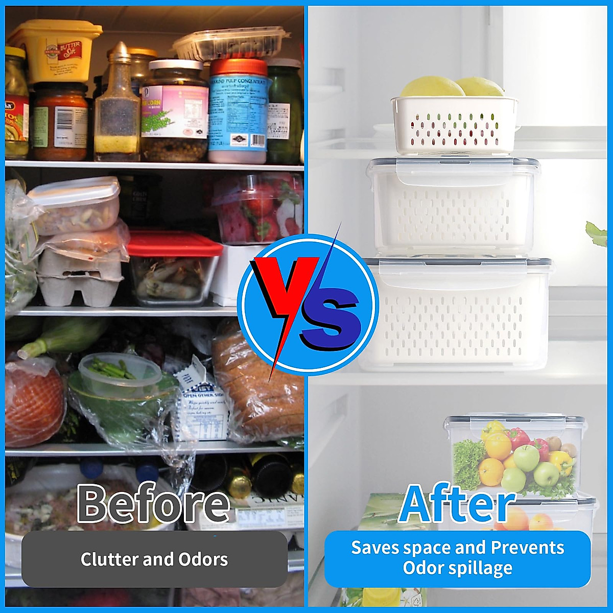 4 Pack Fruit Storage Containers for Fridge with Removable Colanders, Produce Storage Containers for Fridge, Airtight Food Storage Containers for Berry Fruit Vegetable Meat Keeper Fresh (with handle)