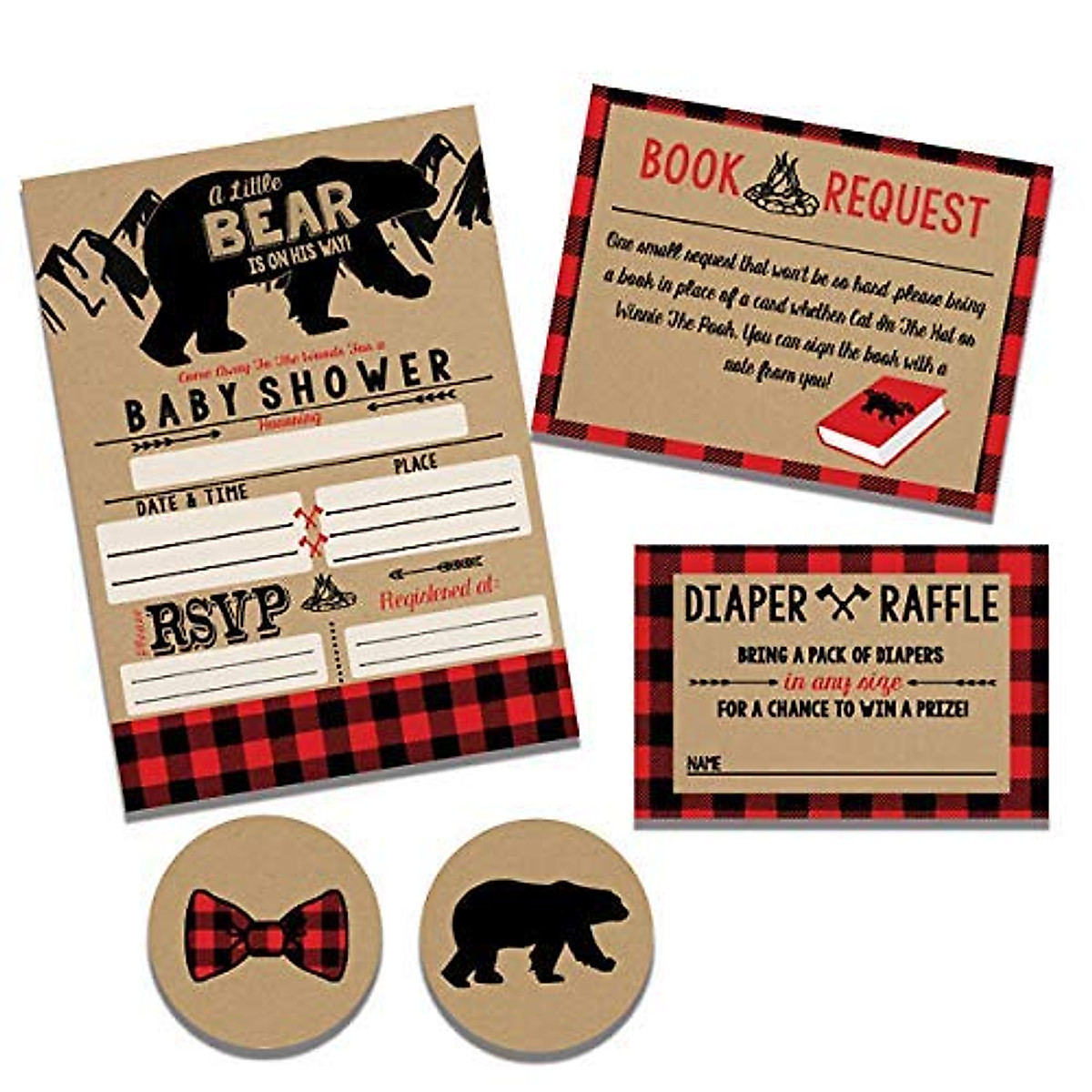 Lumberjack Rustic Baby Shower Invitation Set, Diaper Raffle, Book Request and Stickers