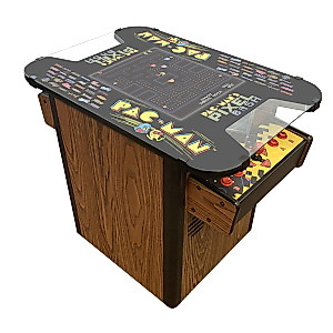 Namco Pac Man Pixel Bash Arcade Style Cocktail Table Game Woodgrain with 2 Pac Man Stools