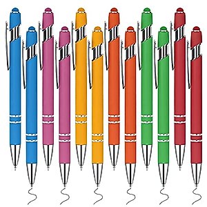 PABLUE Ballpoint Pens with Stylus Tip, Soft Touch Click Stylus Pen, 2 in 1 Retractable Metal Stylus Pens, Black Ink, for Birthday Anniversaries Graduation Home and Office, 12 Count(6 Colors)