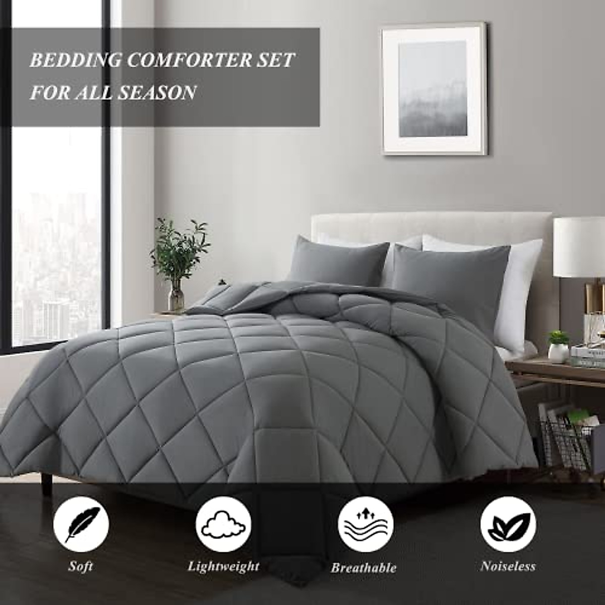 ELNIDO QUEEN Grey Twin Comforter Set with 1 Pillow Sham - 2 Pieces Gray Bed Comforter Set - Quilted Down Alternative Comforter Set - Lightweight All Season Bedding Comforter Sets Twin Size(64×88 Inch)