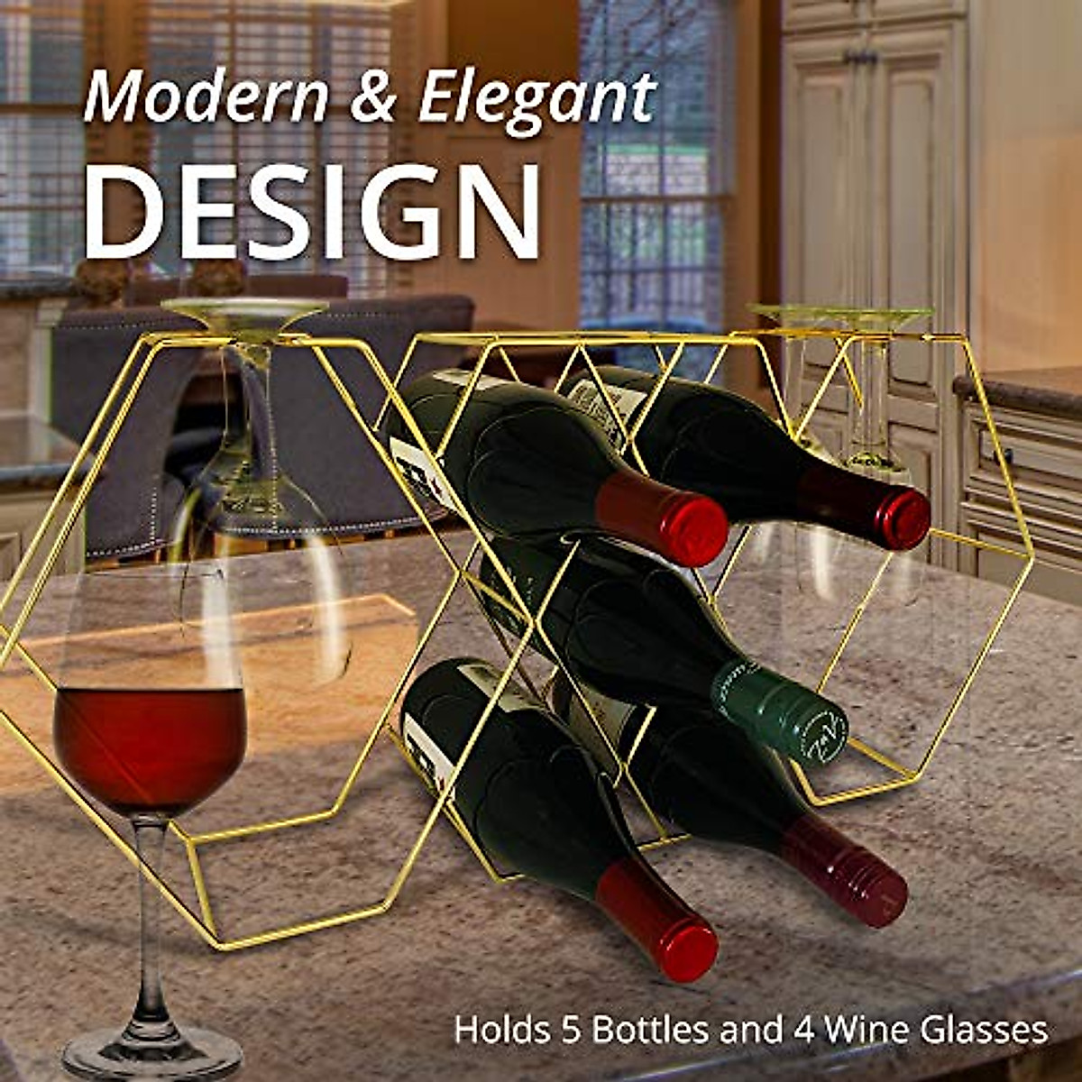 Golden Wine and Glass Rack, Tabletop Wine Rack, Countertop Wine Rack, Wine Bottle Holder, Holds Bottles & Glasses, Freestanding Wine Storage, Perfect for Kitchen Home Bar Storage