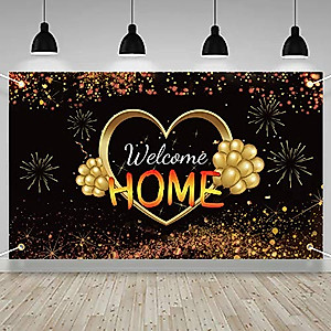 Lnlofen Welcome Home Banner Sign Decorations, Large Welcome Home Backdrop Supplies, Black Gold Homecoming Poster Photo Props for Home Decoration Family Party Decor(6X3.6ft)