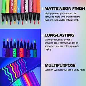 Erinde 10 Colors UV Neon Glow Liquid Eyeliner Set, Matte Colored Eye Liner Pen, Waterproof Smudge Proof, High Pigmented Colorful Graphic Liners for Rave Party Halloween Neon Face Body Paint Makeup