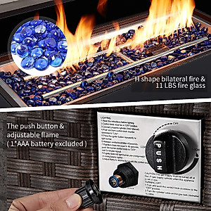 U-MAX 44in Outdoor Propane Gas Fire Pit Table, 50,000 BTU Auto-Ignition Gas Firepit with Glass Wind Guard, Black Tempered Glass Tabletop & Blue Glass Rock, Brown PE Rattan, CSA Certification