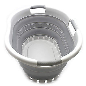 SAMMART 36L (9.5 gallon) Collapsible 3 Handled Plastic Laundry Basket-Foldable Pop Up Storage Container/Organizer-Space Saving Basket (3 handled Oval, Grey/Grey)