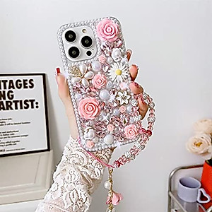 Threesee for Galaxy Note 10 Plus Bling Case,Luxury Crystal Rhinestone Flowers Glitter Diamond Pearl Women Girls Kids Case Cover with Lanyard for Samsung Galaxy Note 10 Plus