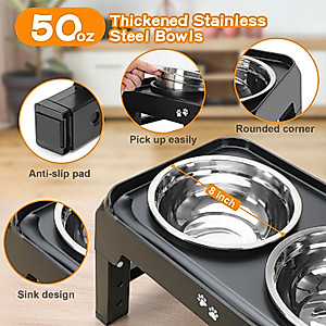 Elevated Dog Bowls, 4 Height Adjustable Raised Dog Bowl Stand with 2 Thick 50oz Stainless Steel Dog Food Bowls Non-Slip Dog Feeder for Large Medium Dogs Adjusts to 3.7", 9.2", 10.75", 12.36" Black