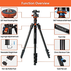 Polarduck Camera Tripod Monopod Phone Stand: 65" Professional DSLR Tripod for iPhone with Phone Mount & Travel Bag Compatible with Canon Nikon Sony Cameras Cell Phone Projector Webcam | 22lbs Load