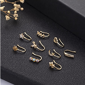 YOVORO 9Pcs Fake Nose Rings Hoop for Women Faux Cartilage Tragus Ring Nose Cuff Non Piercing Jewelry Set G