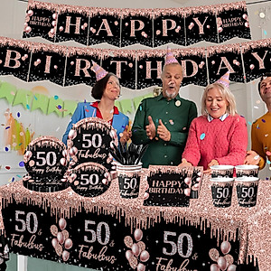 142Pcs 50th Birthday Tableware Decorations,Black Rose Gold Tableware Set 50th Birthday Plates and Napkins Cup Rose Gold Tablecloth Happy Birthday Banner for Women Birthday Disposable Supplies Serve 20