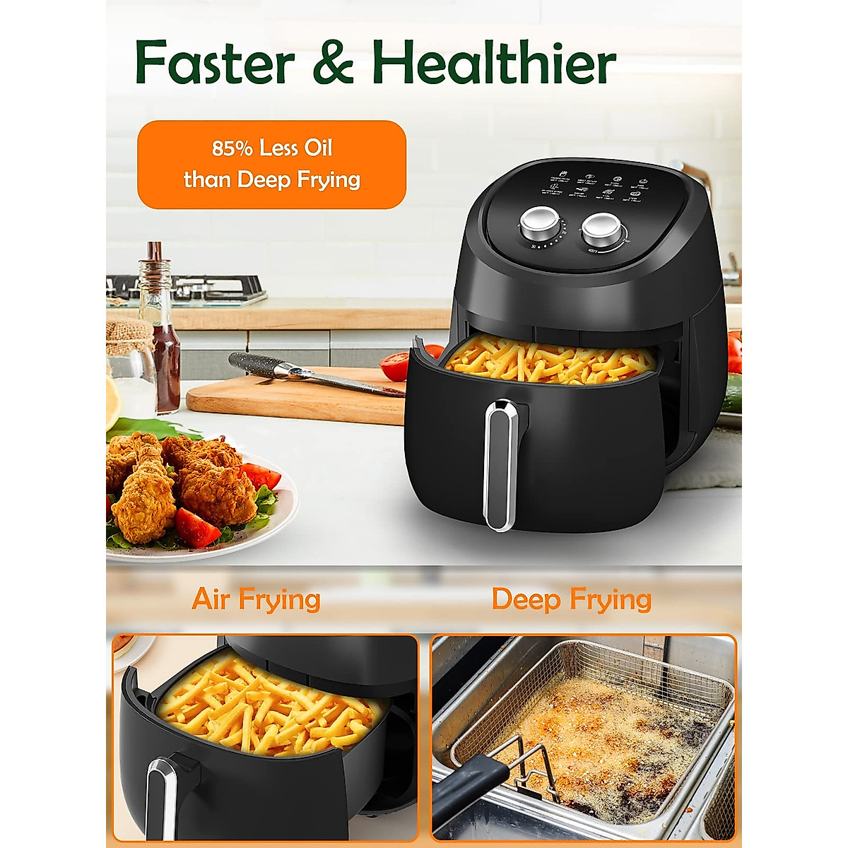 Air Fryer 8 Preset Menus 4.5 QT Airfryer Easy to Use with Adjustable Temperature Control with 8 Cooking References Nonstick Tray Auto Shutoff 1400W Hot Air Fryer Black