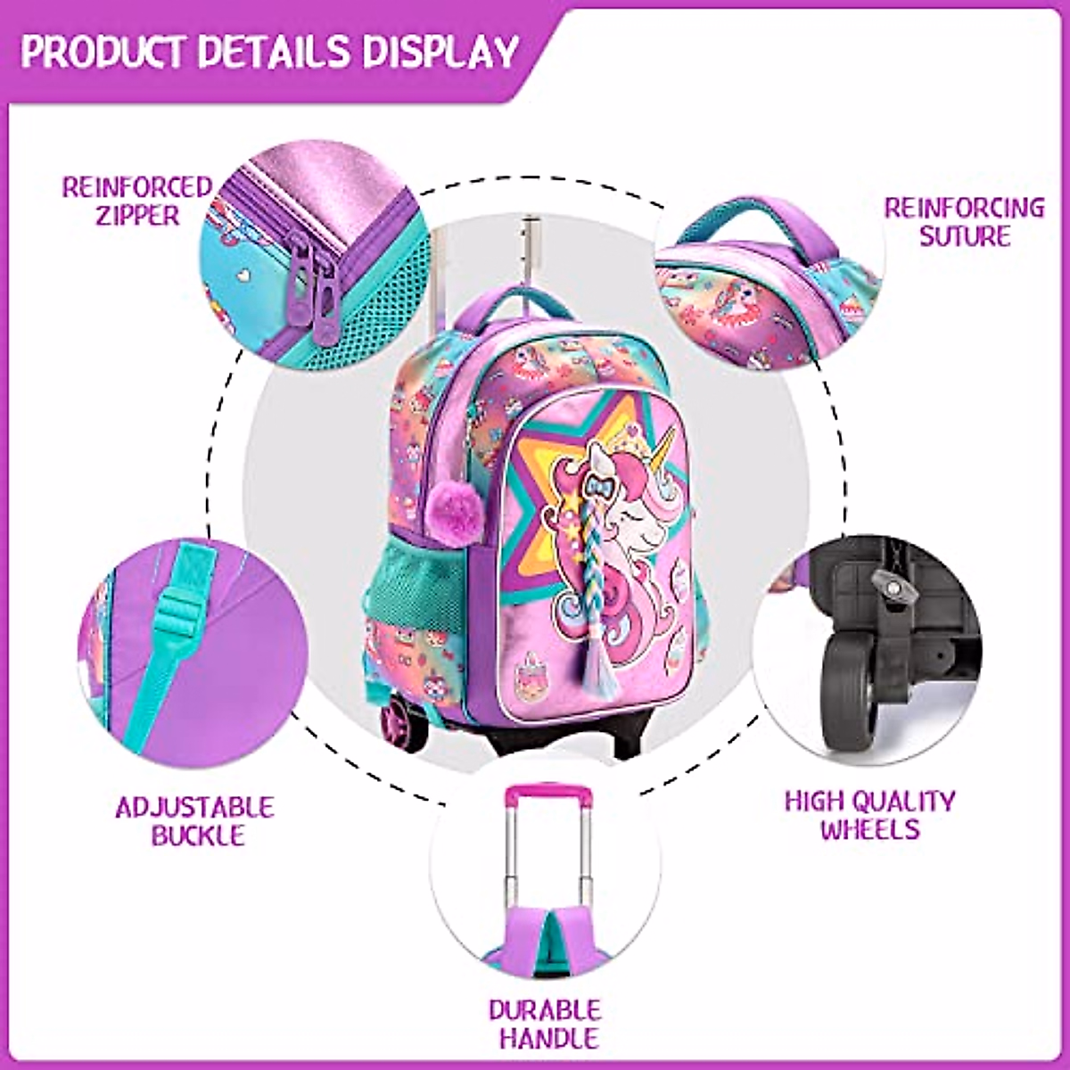 JSMNIAI Unicorn Rolling Backpack for Girls Wheels Backpacks Kids Luggage for Elementary Preschool Students Cute Suitcase Trolley Trip Wheeled Backpack with Lunch Box for Girls